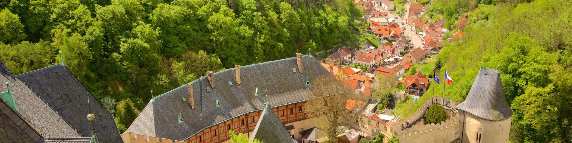 Castelo de Karlstejn que inclui uma cidade pequena ou vila, um castelo e florestas