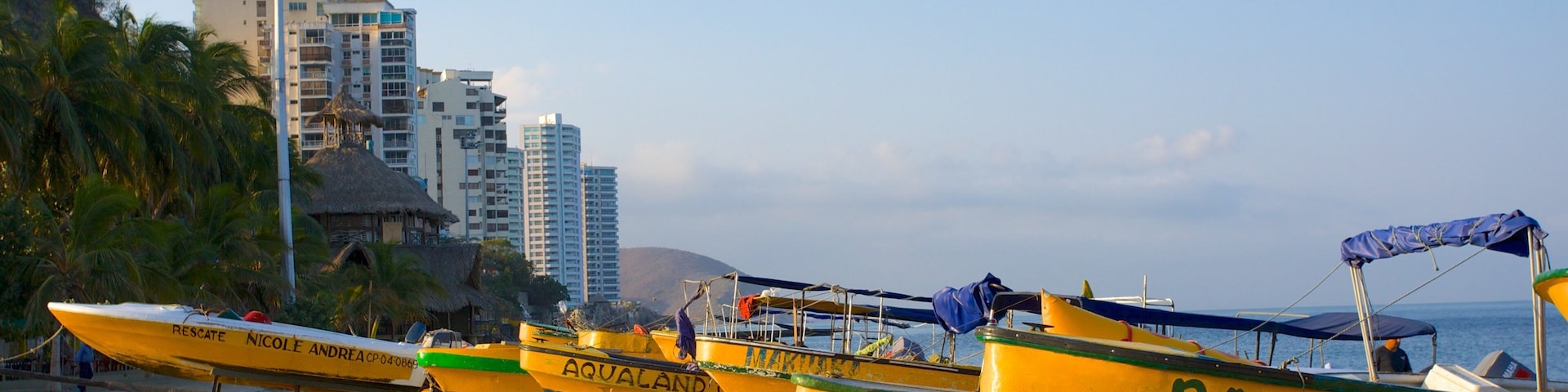 Rodadero Beach showing a sandy beach, a coastal town and boating