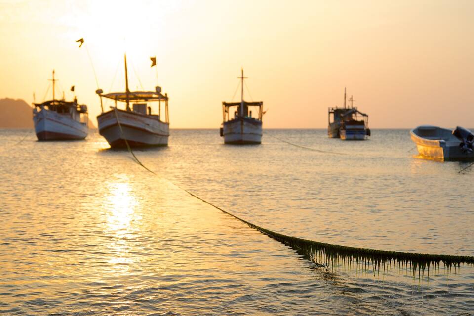 Mar calmo com vários barcos ancorados.