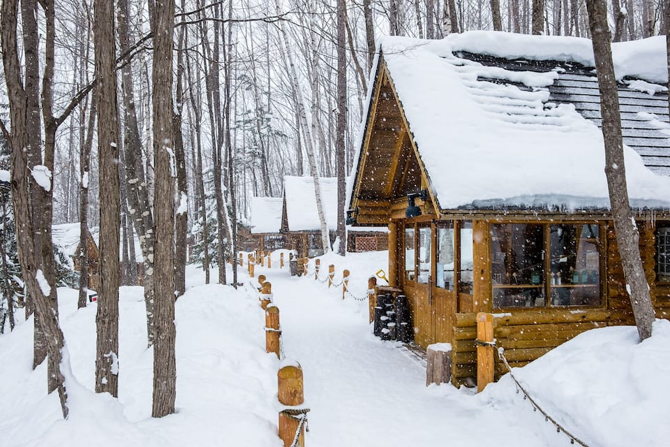 Uma cabana de madeira rodeada por árvores cobertas de neve numa floresta.