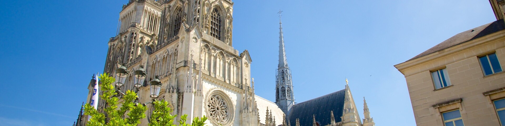 Uma grande catedral gótica com arquitetura detalhada, uma torre alta e árvores verdejantes em primeiro plano.