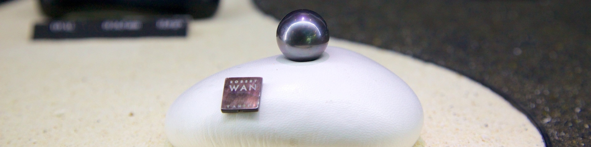 Exposição de uma bola de golfe com a etiqueta que diz "LA ROBERT WAN ROUND 0.225 mm 16.1 grs".