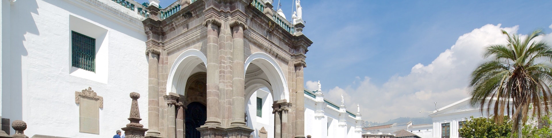 Quito Cathedral showing street scenes, a church or cathedral and a square or plaza