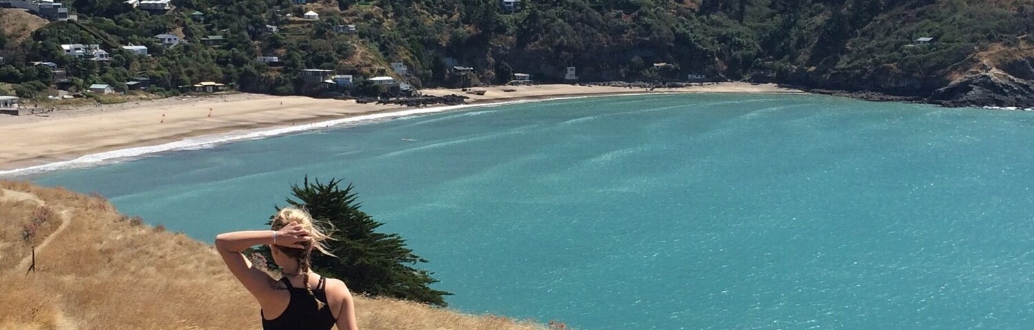 Um caminho costeiro com uma pessoa caminhando, uma praia e casas numa encosta.