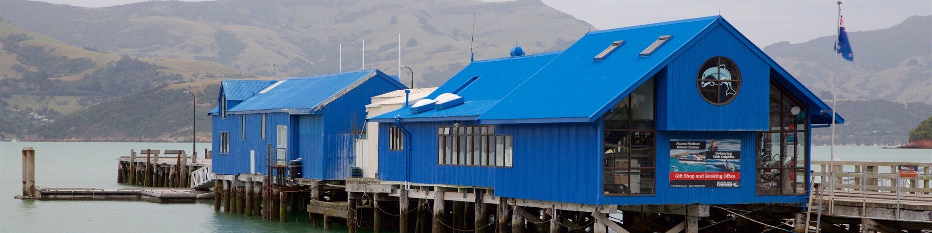 Akaroa Wharf featuring mountains and a bay or harbor