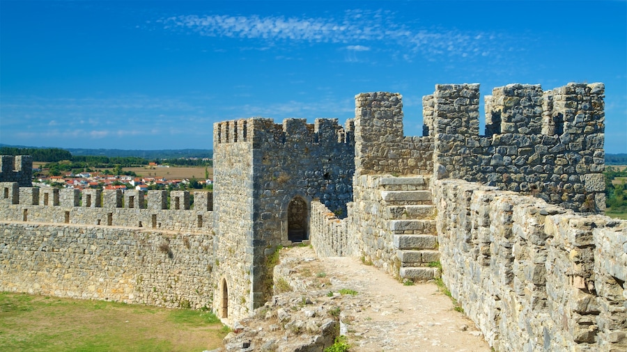Um castelo de pedra medieval com um fosso, torres e uma muralha ao redor.