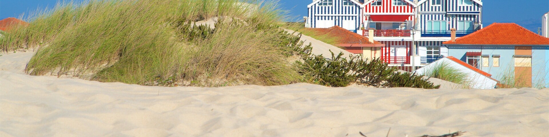 Uma praia arenosa com casas coloridas ao fundo.