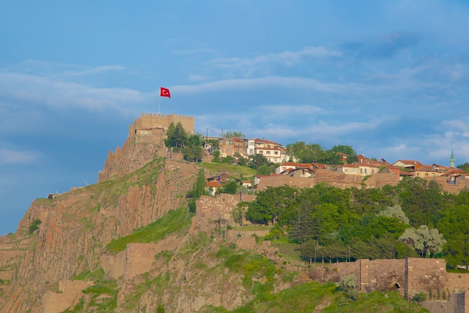 Um castelo histórico numa colina, com uma bandeira vermelha, rodeado por edifícios residenciais e vegetação.