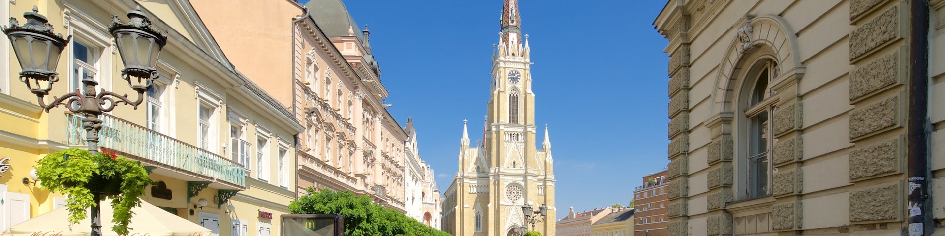 Church of the Virgin Mary featuring heritage architecture and street scenes as well as a small group of people