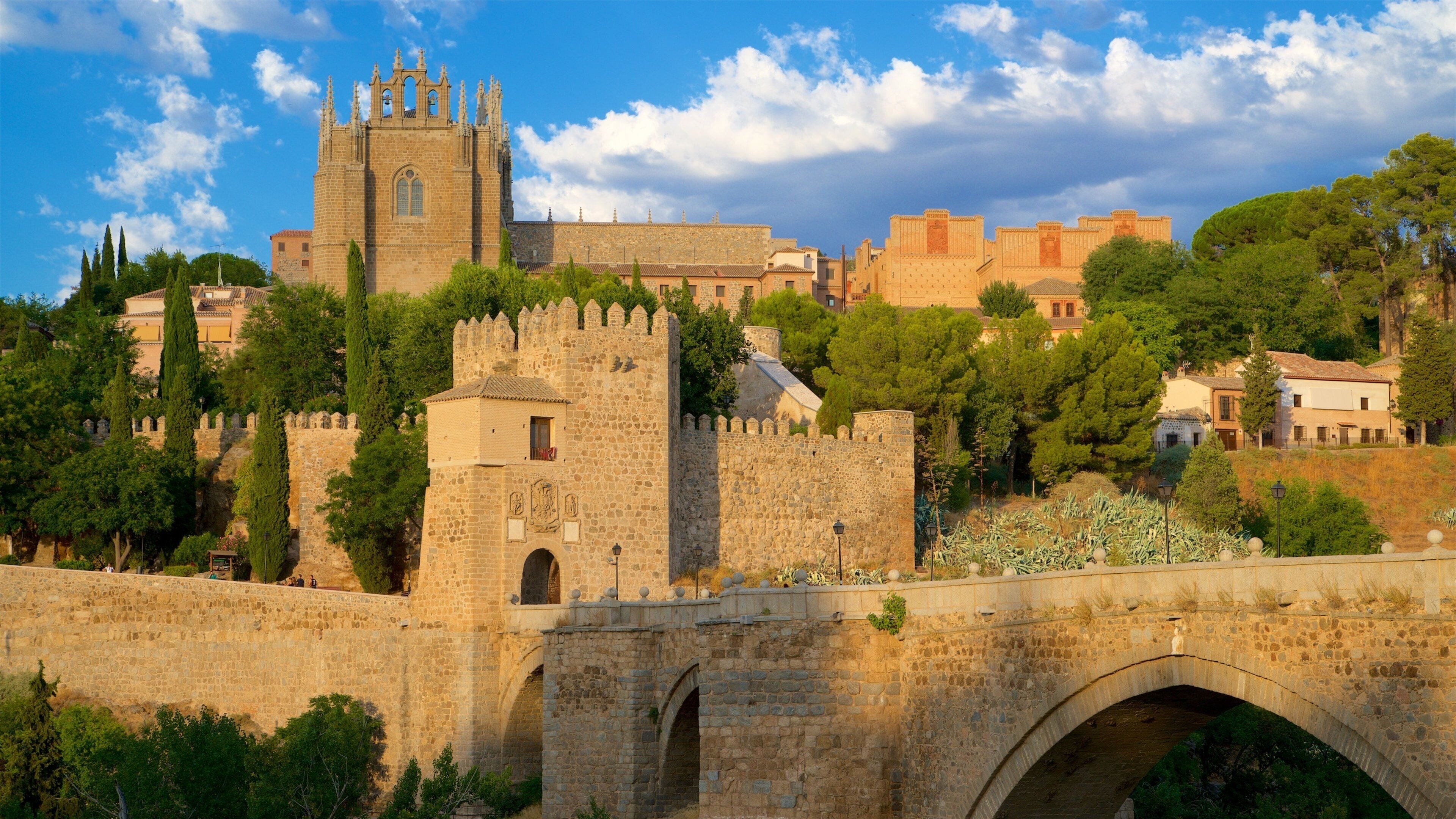 Uma ponte de pedra histórica com arcos, um castelo medieval com torres, e ao fundo, árvores e edifícios sob um céu parcialmente nublado.