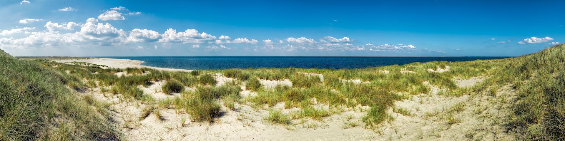 Paisagem costeira com dunas de areia e uma praia.