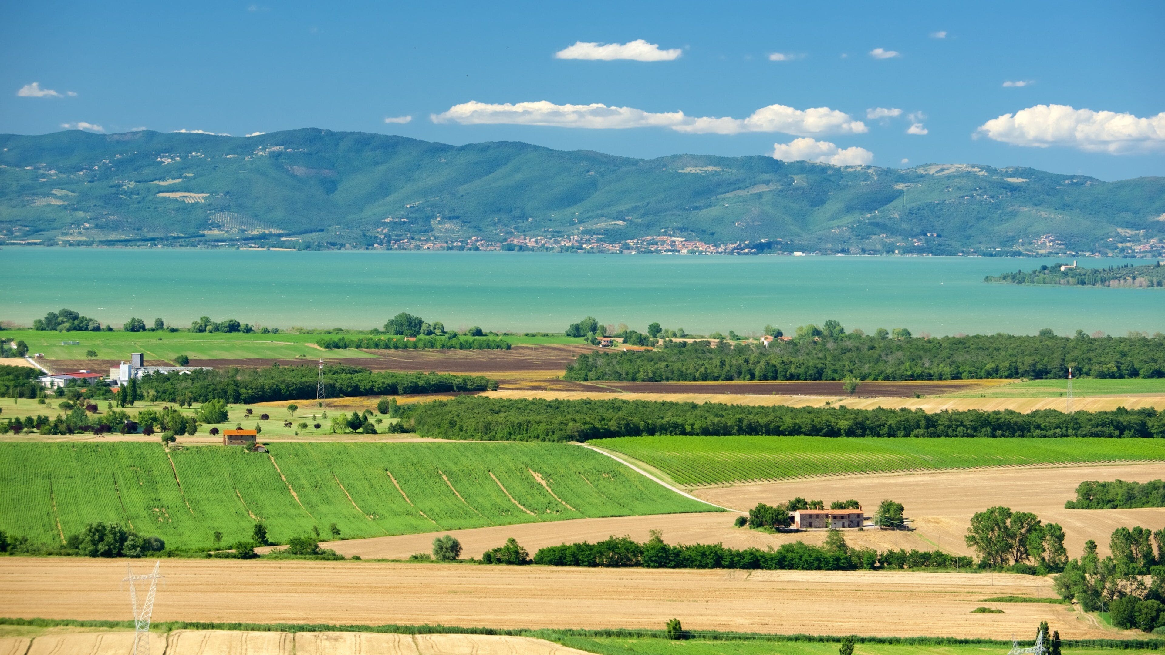Paisagem costeira com campos verdes, um lago e montanhas ao longe.