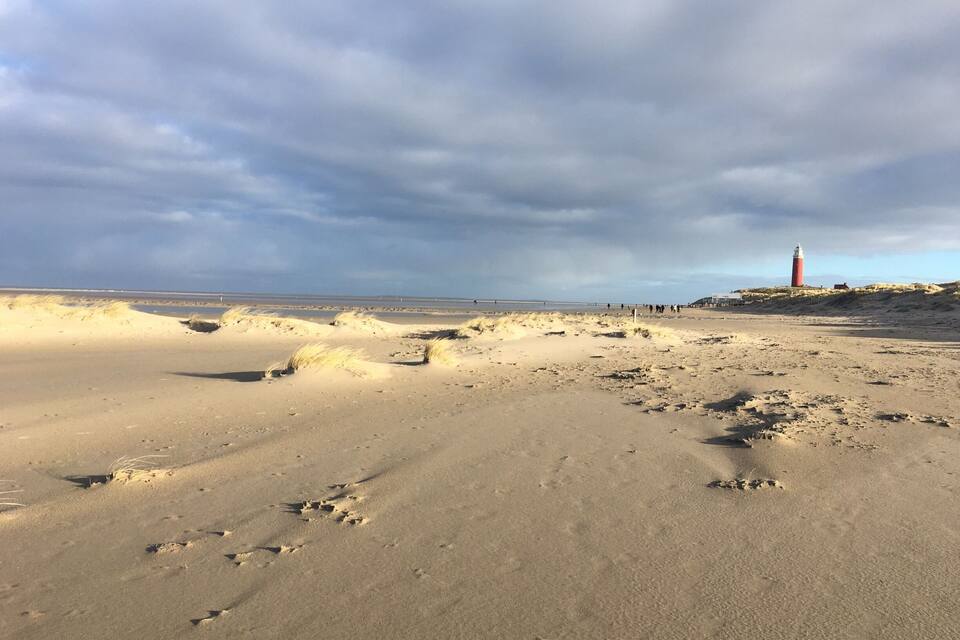Uma praia arenosa com pegadas, dunas e um farol vermelho ao longe.