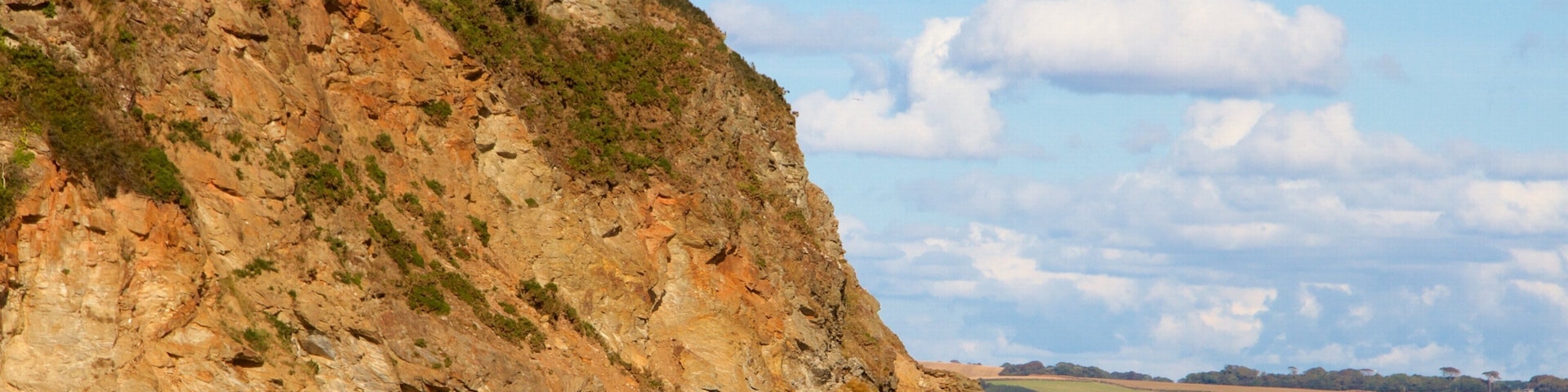Falésias costeiras com terreno rochoso e vegetação rasteira.