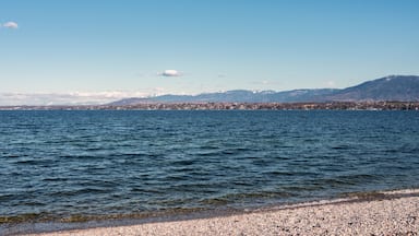 Um lago com uma praia de pedras e uma paisagem urbana distante com montanhas.