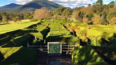 Um jardim labirinto com um portão em primeiro plano e uma montanha ao fundo.