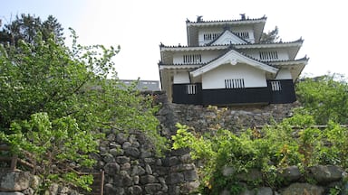 Um castelo japonês tradicional com uma escadaria de pedra que leva até ele.
