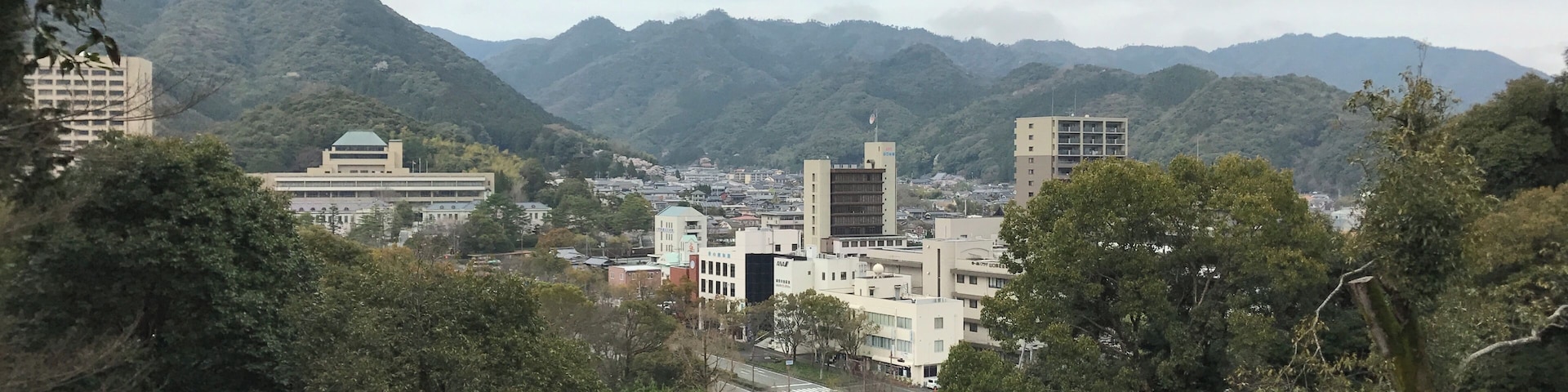 Paisagem urbana com montanhas ao fundo e floresta densa em primeiro plano.