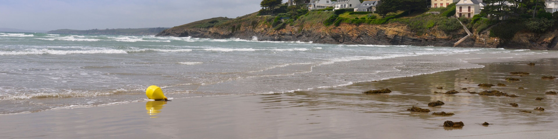 Uma praia com ondas, boias amarelas e casas em um penhasco.