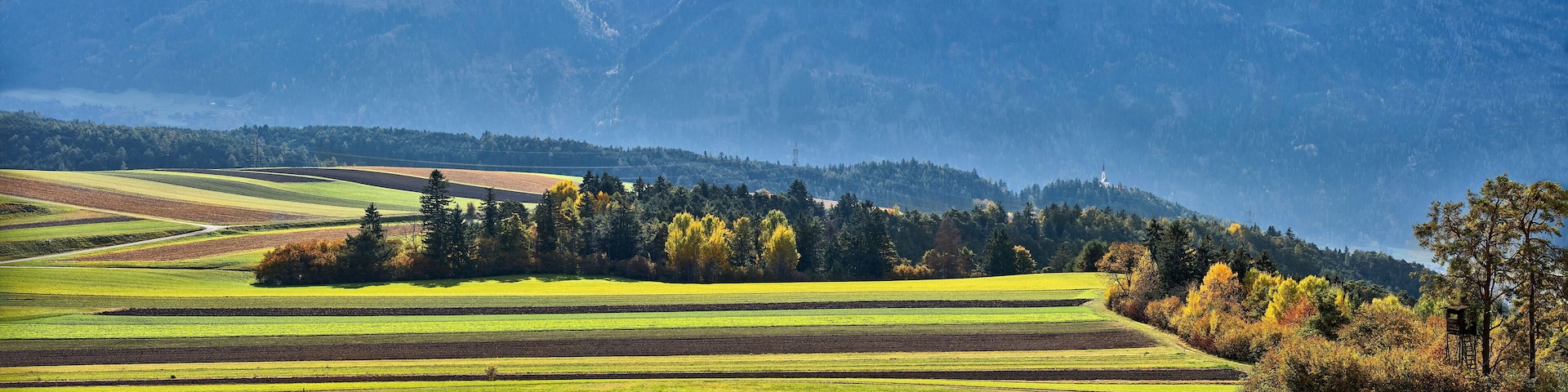 Paisagem com campos em terraços, uma colina arborizada e uma cordilheira distante.