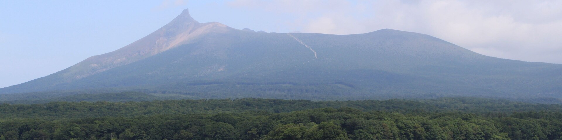 Montanha com área arborizada em primeiro plano e um corpo d'água.