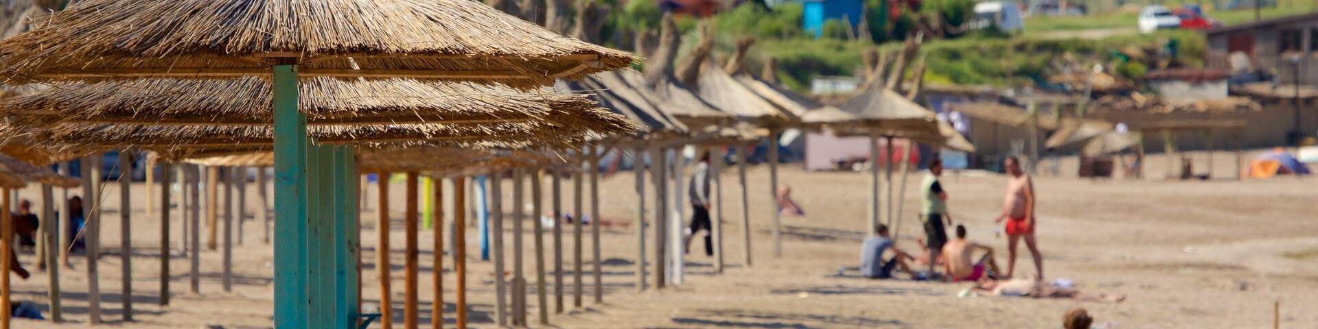 Uma praia com toldos de palha e pessoas tomando sol.