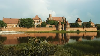 Um castelo histórico com múltiplas torres e um fosso.
