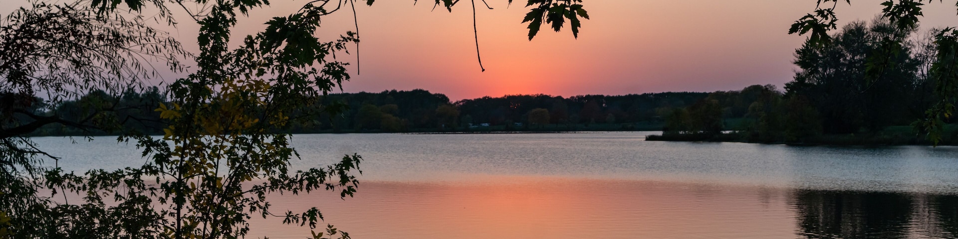 Um pôr do sol sobre um lago calmo, com árvores em primeiro plano.