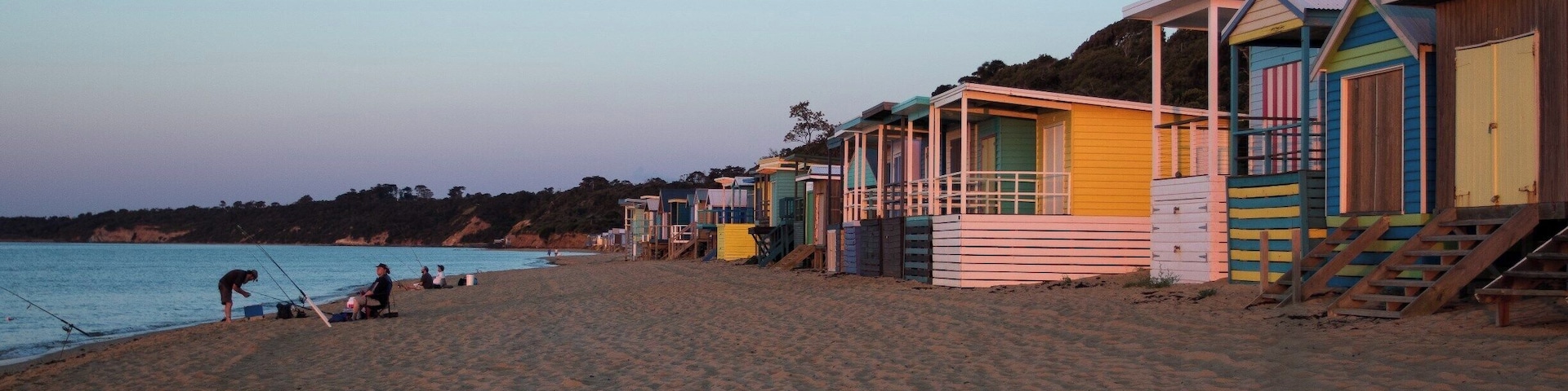 A big feature of the beaches that line the eastern shorelines of Port Phillip Bay in Victoria are the brightly coloured beach bathing boxes. Mount Martha has some spectacular examples of these curious structures. And there is nothing like a sunset on the beach.