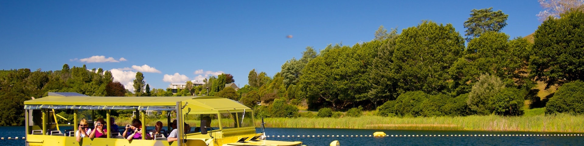 Um barco amarelo com passageiros em um lago cercado por vegetação.