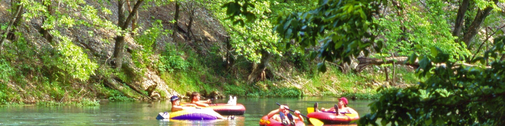 Pessoas flutuando em um rio, cercadas por vegetação exuberante.