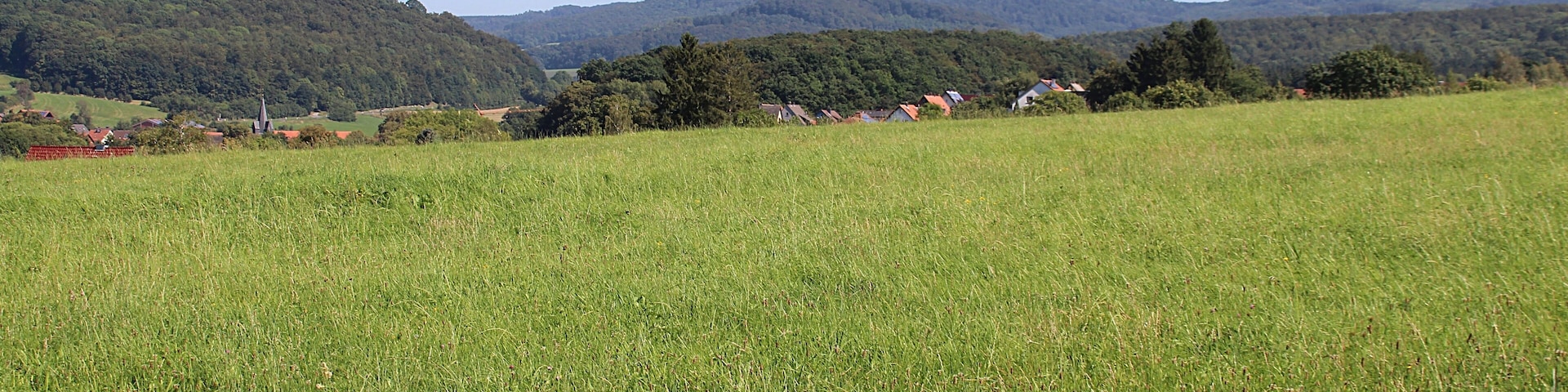 Blick vom Gebiet westlich von Langenbieber ostwärts über Langenbieber und den Schackenberg hinweg zum Hohlstein. Hessische Rhön
