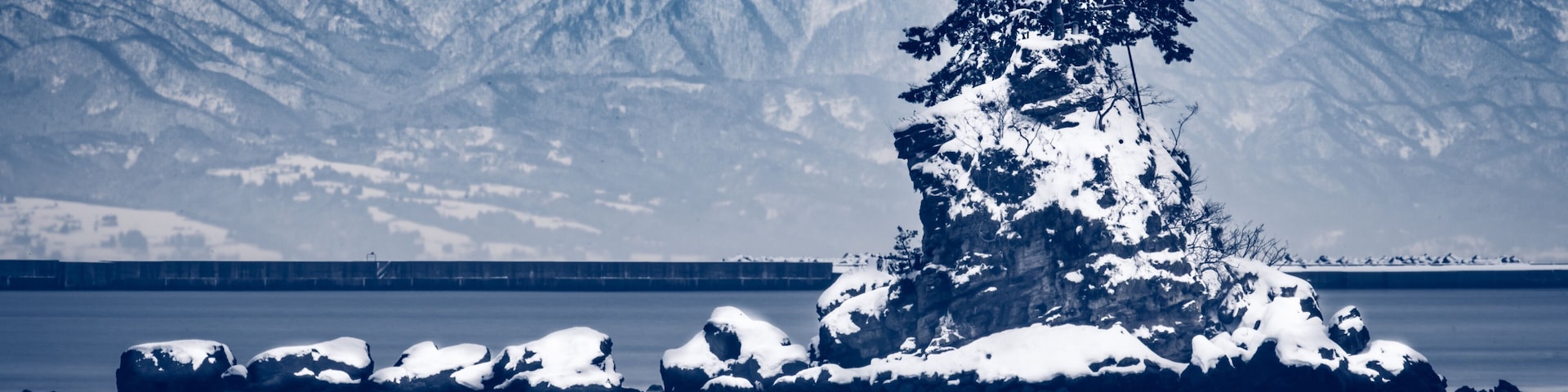 Ilha coberta de neve com uma árvore solitária em primeiro plano e montanhas ao fundo.