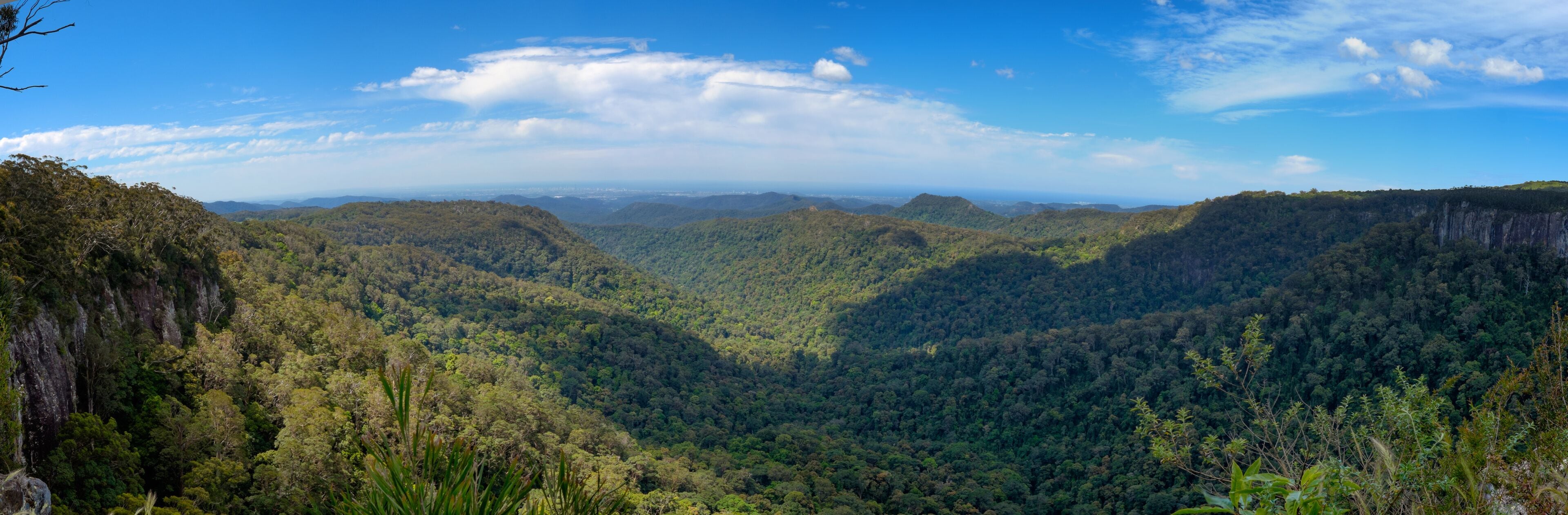 Paisagem montanhosa com floresta densa e céu claro.