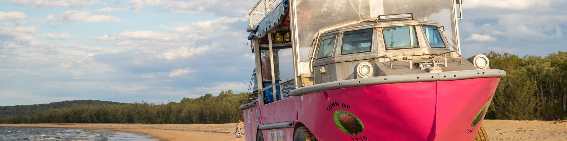 Uma caminhonete rosa estacionada numa praia de areia, com um corpo de água e árvores ao fundo.