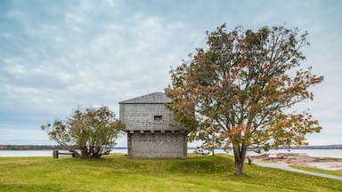 Uma pequena construção de madeira com telhado inclinado, rodeada por grama e árvores com folhas de outono, próxima a um corpo d'água.