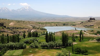Paisagem montanhosa com um lago, oliveiras e uma fortaleza histórica.