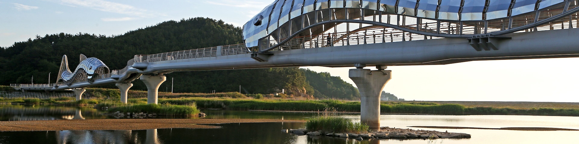 Uma ponte com design semelhante ao de um peixe sobre um rio calmo, com vegetação e colinas ao fundo.