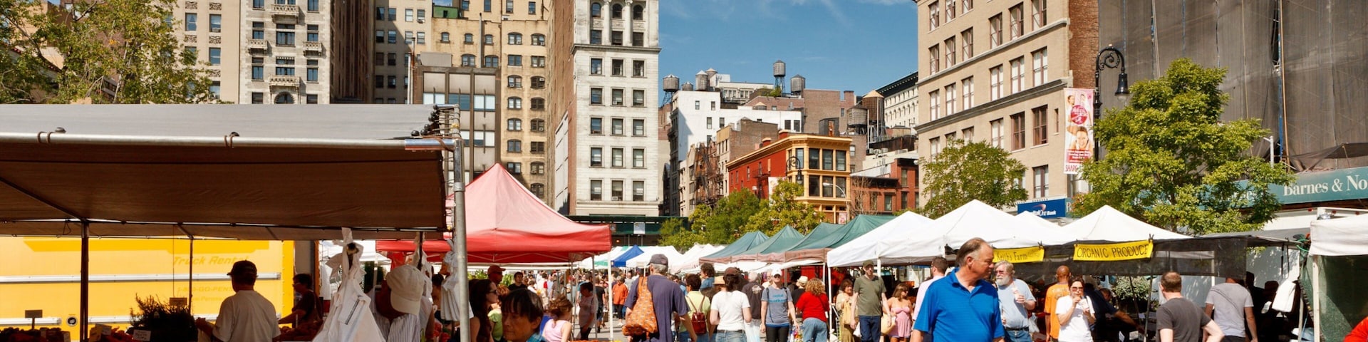 Vibrant marketplace bustling with activity in Union Square Park, New York on a sunny day
