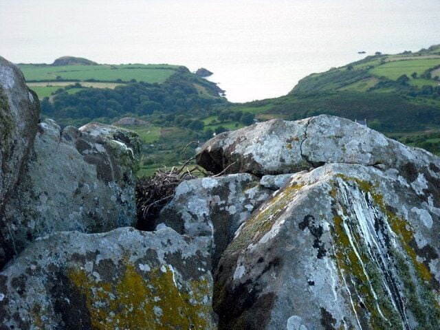 Paisagem rochosa com grandes pedras cobertas de líquenes e musgo.