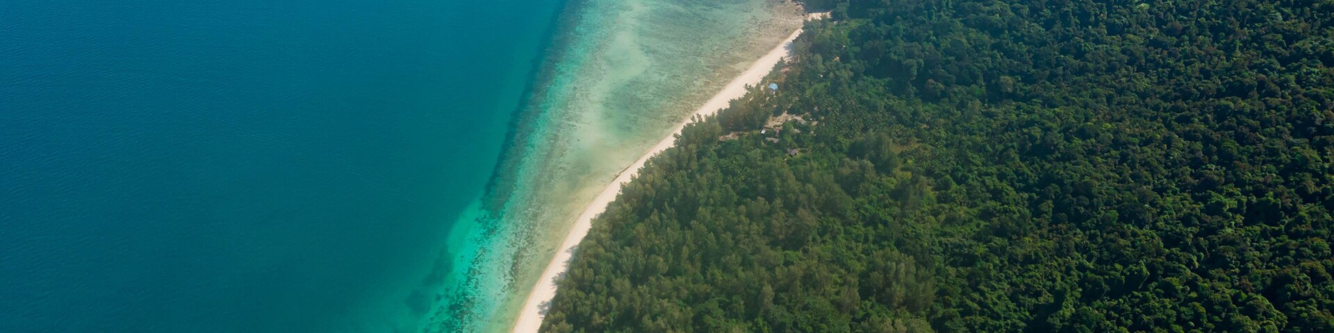 Paisagem costeira com mar azul-turquesa cristalino, praia arenosa e floresta verde densa.