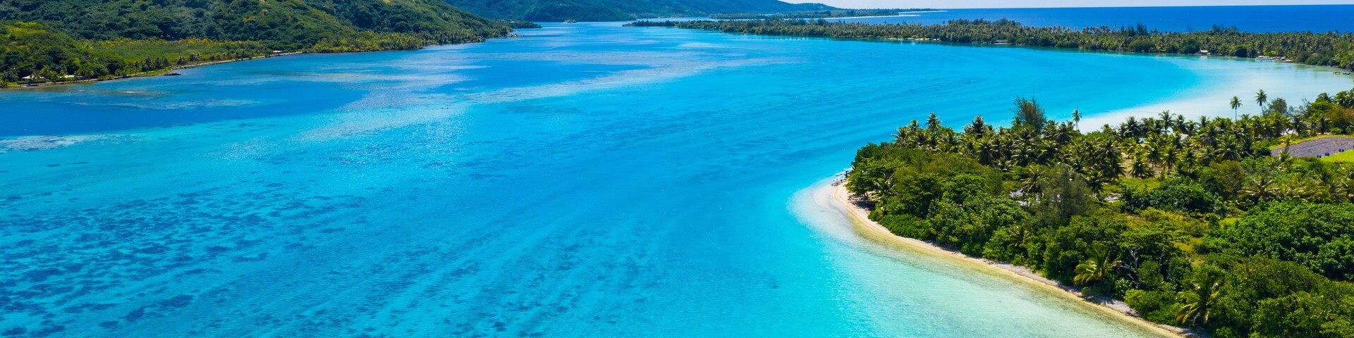 Um mar turquesa com uma praia de areia e vegetação exuberante.