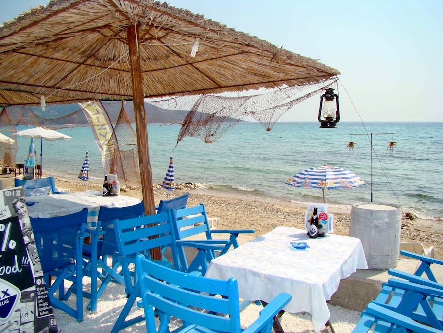 Um café à beira-mar com cadeiras e mesas azuis, um toldo de palha e uma área de pesca com redes.