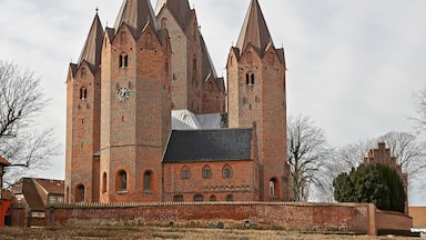 Uma igreja grande de tijolos, com múltiplas torres e um campanário.