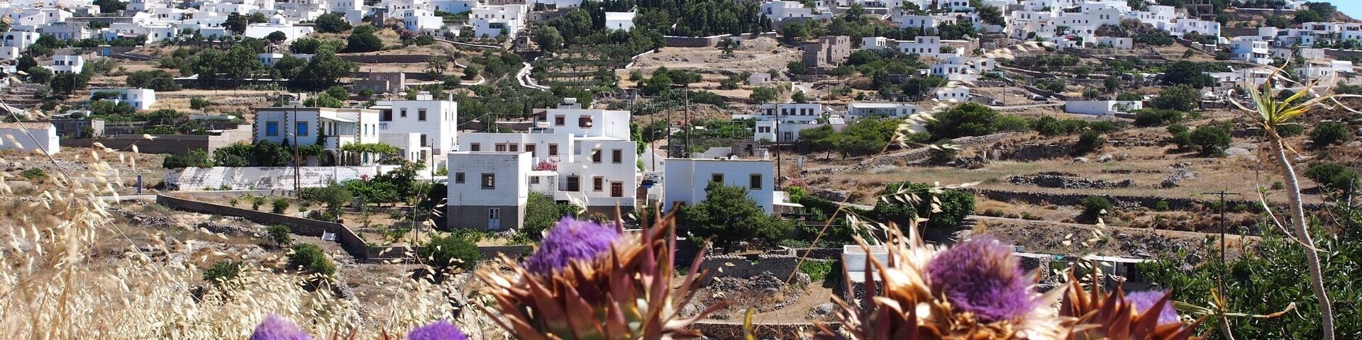 View of Chora and St. John Monastery (Unesco) on island of Parmos, Dodecanese islands, Greece.