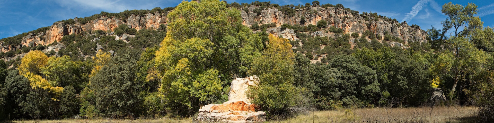 Montanha rochosa com floresta densa e uma formação rochosa proeminente em primeiro plano.