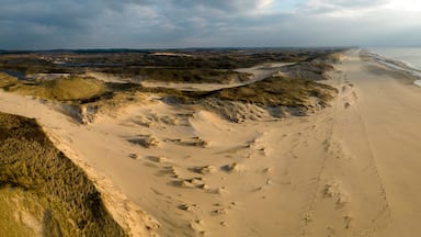 Uma praia arenosa com dunas e um litoral distante.