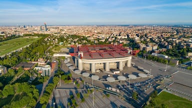 Um edifício circular grande com telhado vermelho, cercado por um estacionamento e áreas verdes, em um panorama urbano com edifícios ao longe e céu claro.