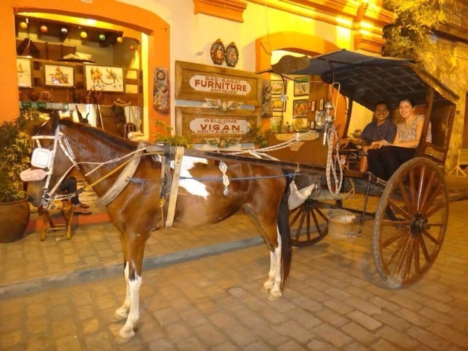 Uma carruagem puxada a cavalo em frente a uma loja com as placas 'SAG-BAGAT FURNITURE ANTIQUES' e 'BEM-VINDO VIGAN CIDADE PATRIMÔNIO'.