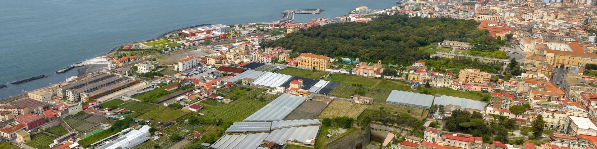 Vista aérea de uma cidade costeira, com áreas residenciais e industriais, incluindo estufas e um porto com navios.